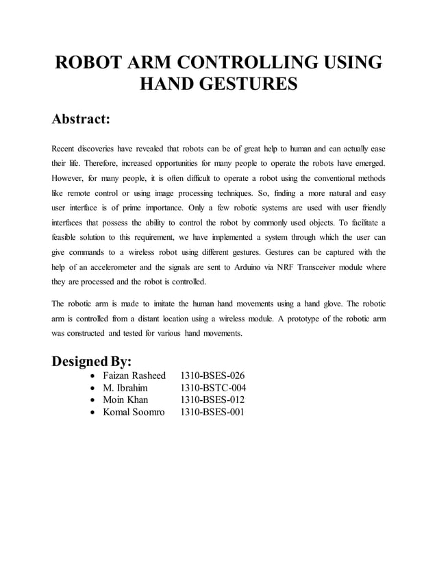 ROBOT ARM MOTIONS CONTROLLING USING HAND GESTURES | PDF