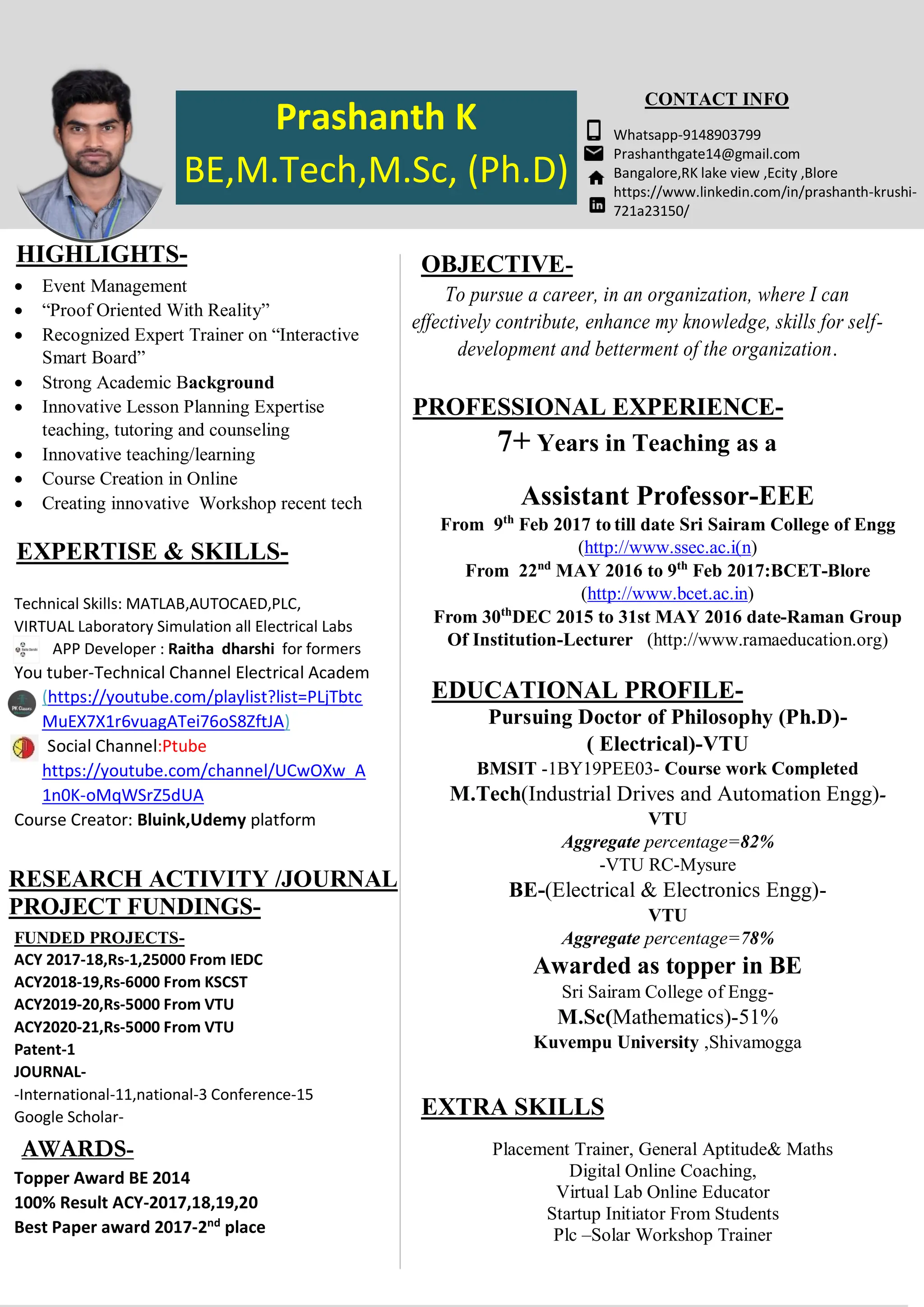prashanth updated resume 2024 for Teaching Profession | PDF