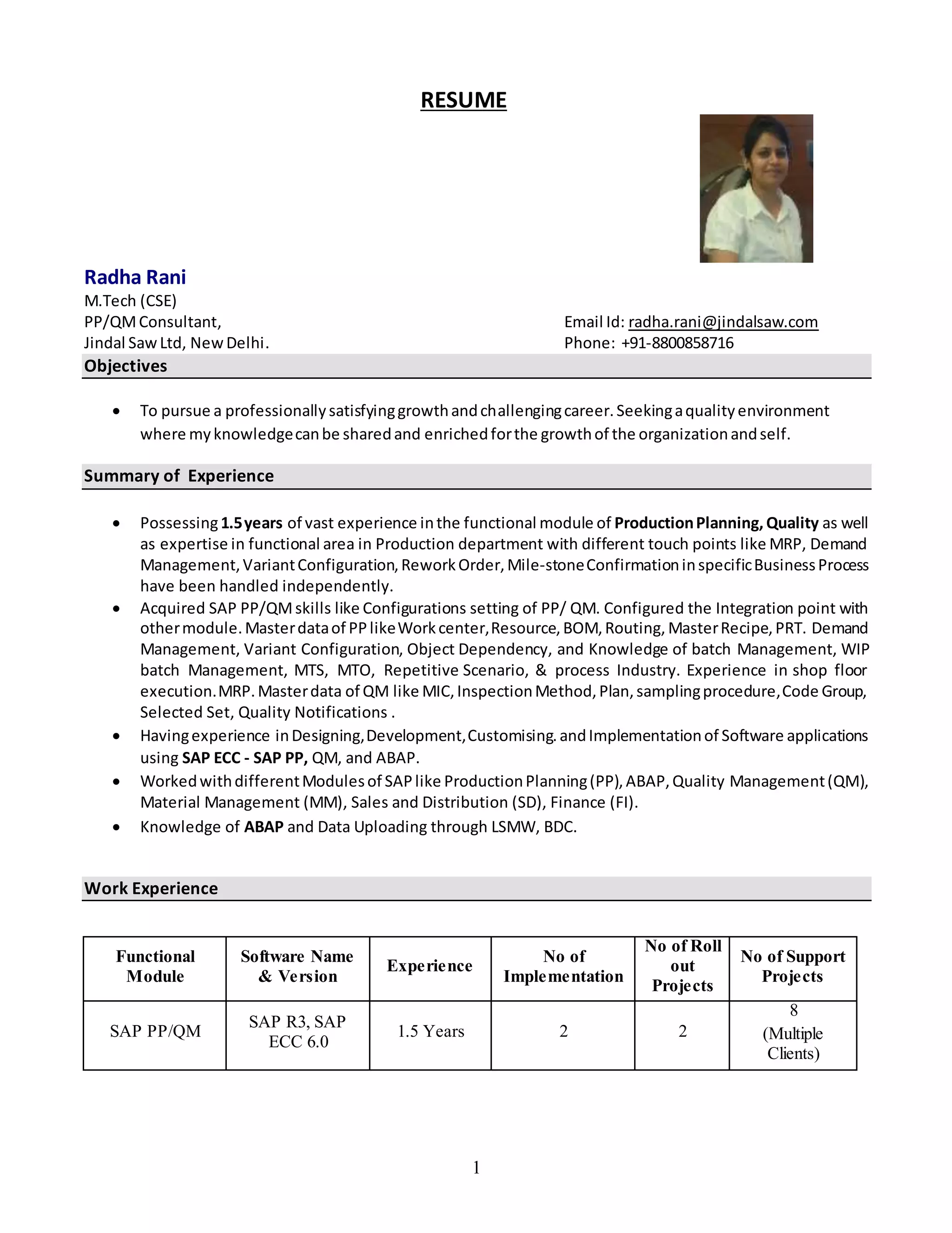 Radha Rani SAP(PP/QM) Consultant | DOCX