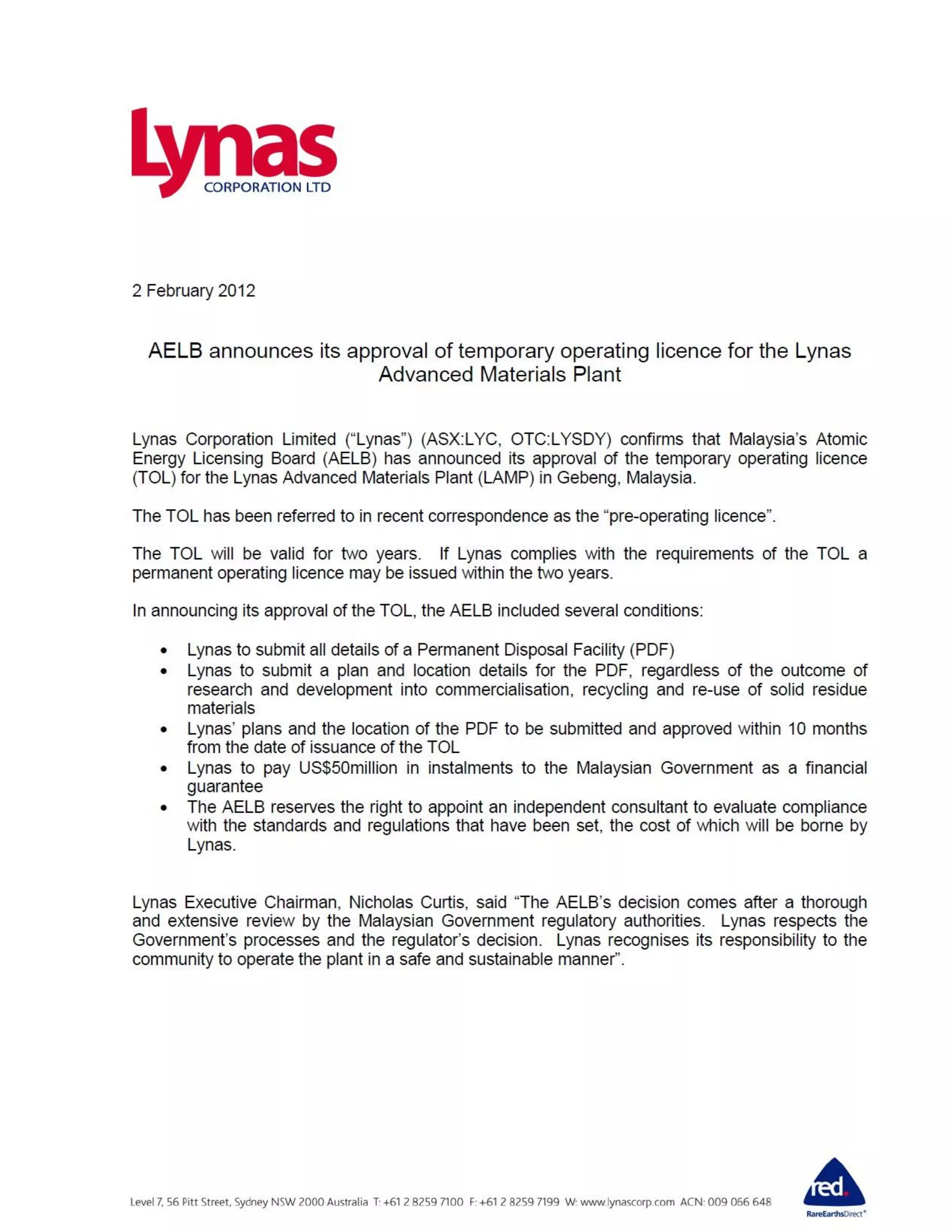 Lynas Receives Temporary Operating License from AELB | PDF