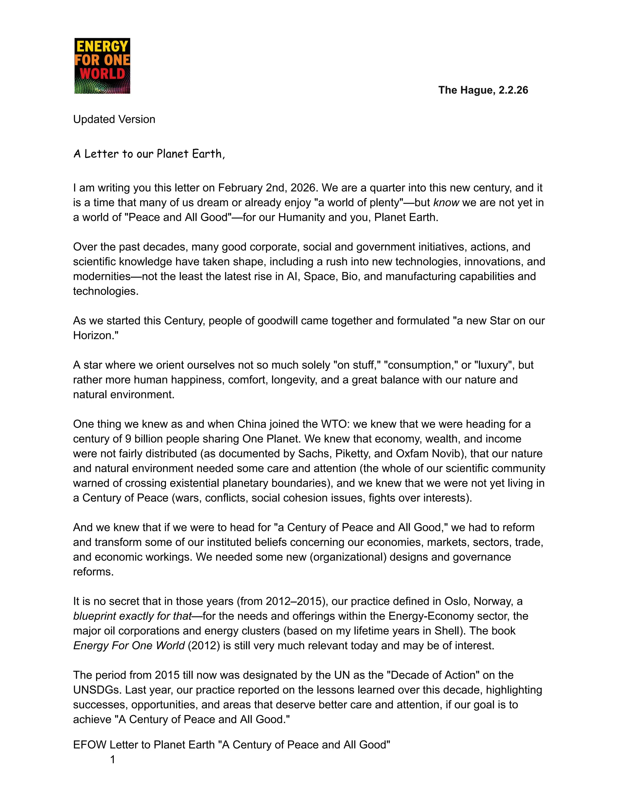 EFOW Letter- to Planet Earth_Version UPDATED | PDF