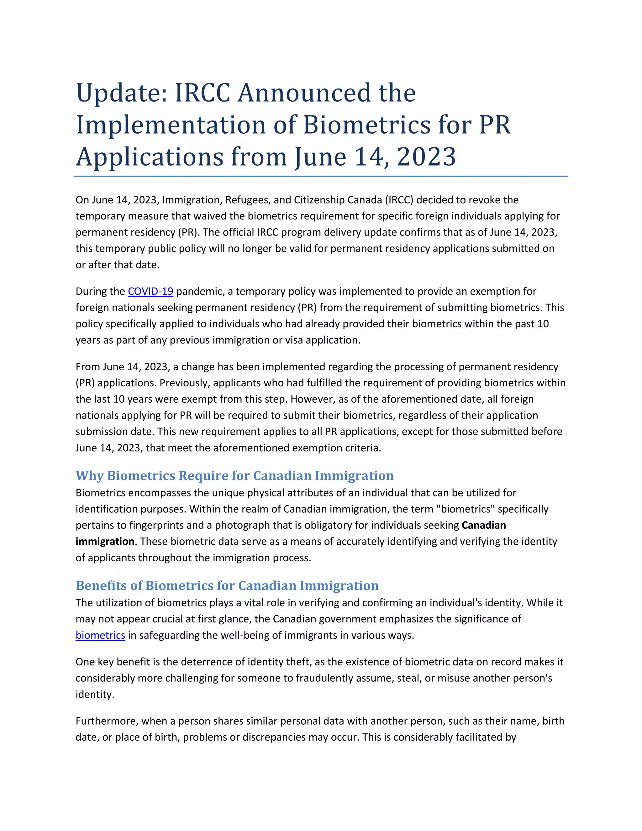 Update IRCC Announced the Implementation of Biometrics for PR ...