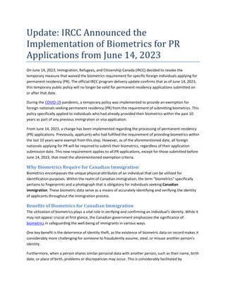 Update IRCC Announced the Implementation of Biometrics for PR ...