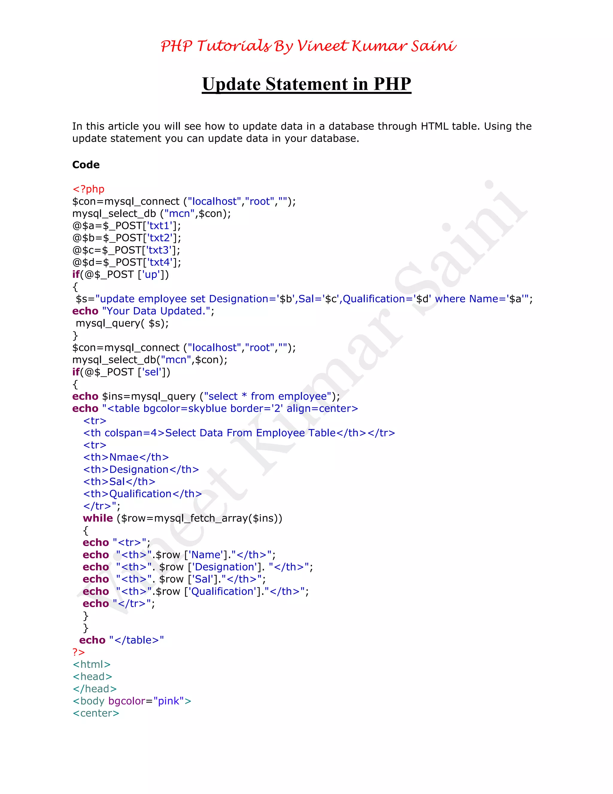 Update statement in PHP | PDF