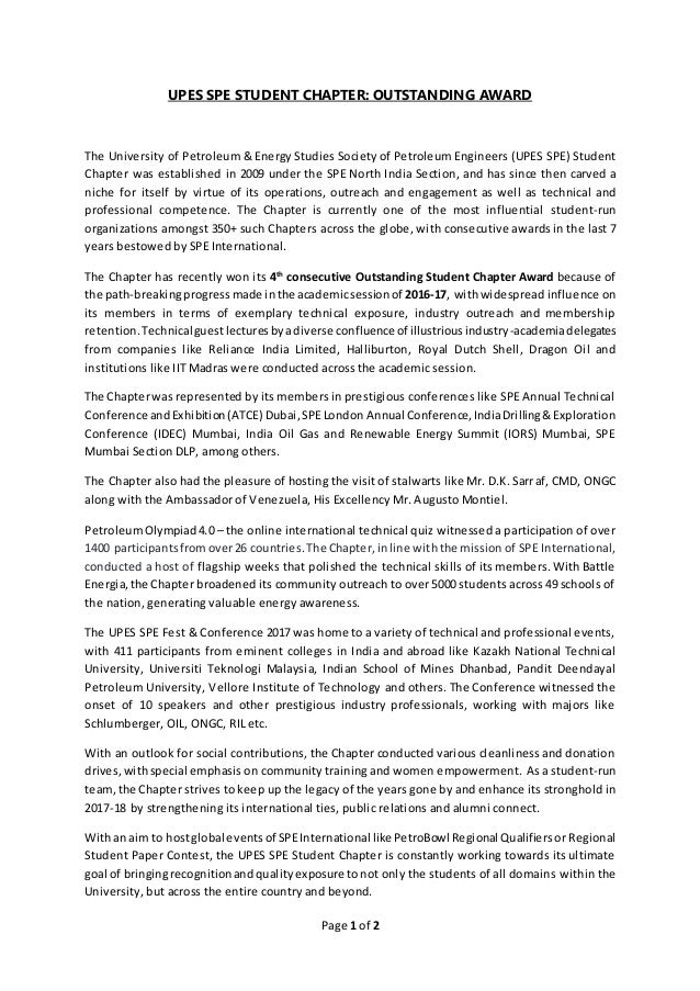 UPES SPE Student Chapter wins the Outstanding Chapter Award for the 4…