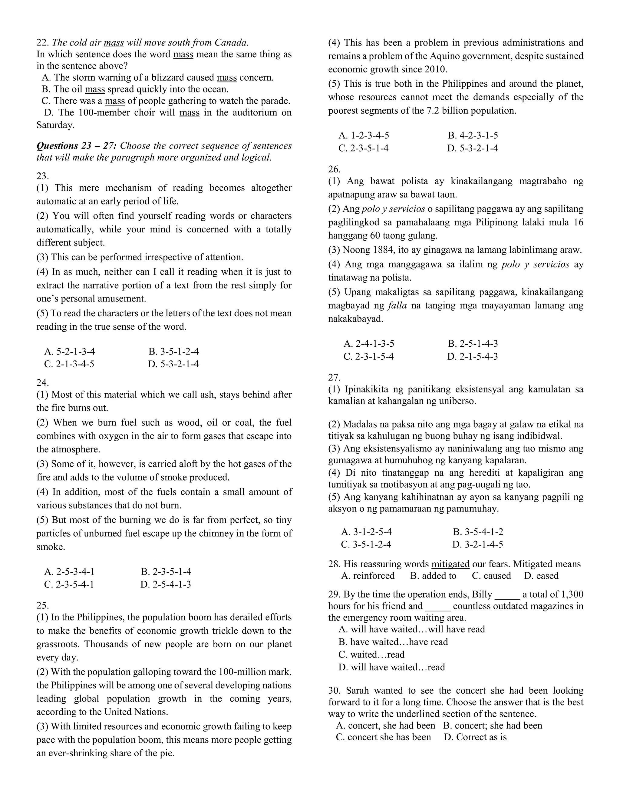 UPCAT Practice Examination | PDF