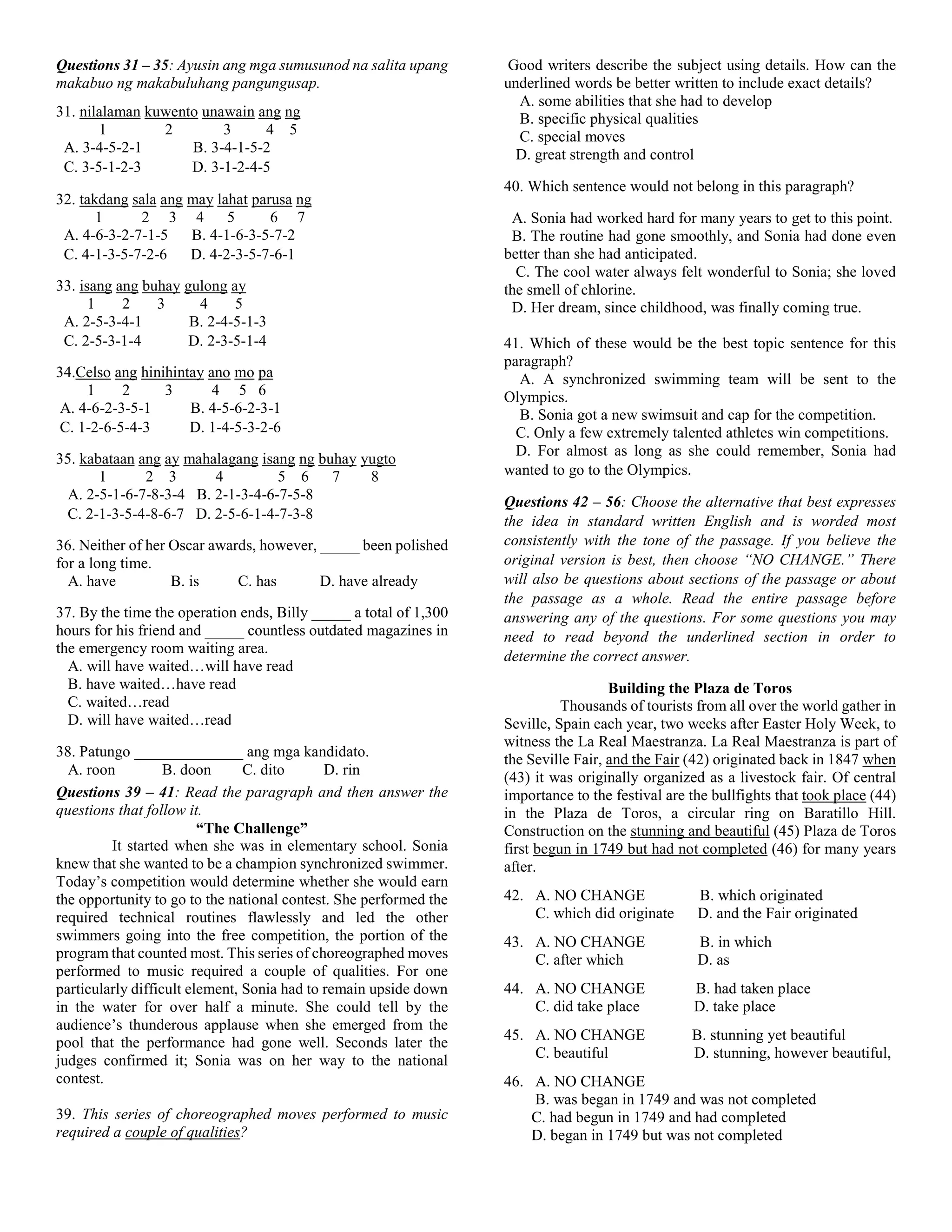 UPCAT Practice Examination | PDF