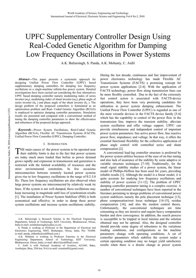 Upfc Supplementary Controller Design Using Real Coded Genetic Algorithm For Damping Low