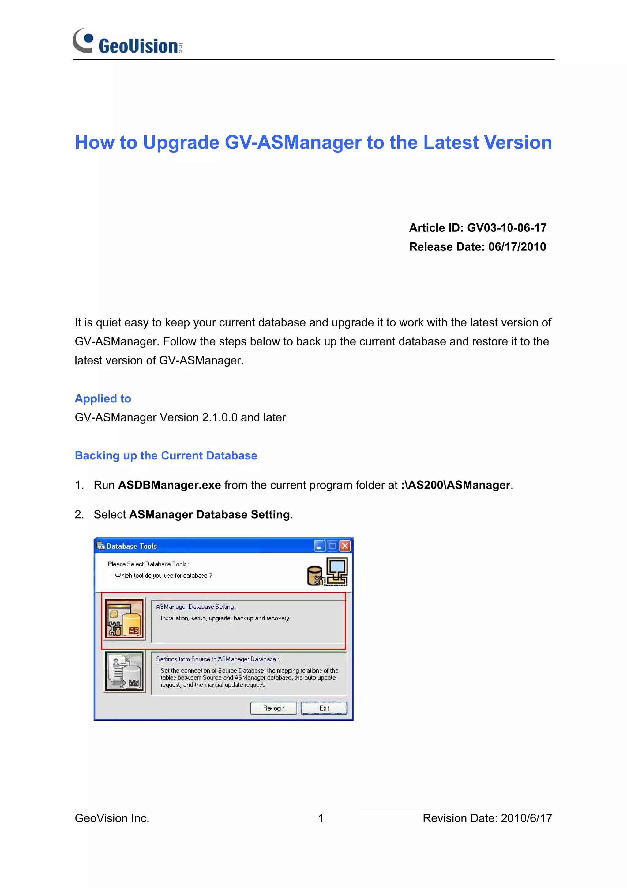 GeoVision : Access Control Solutions : How to : Upgrading AS Manager | PDF