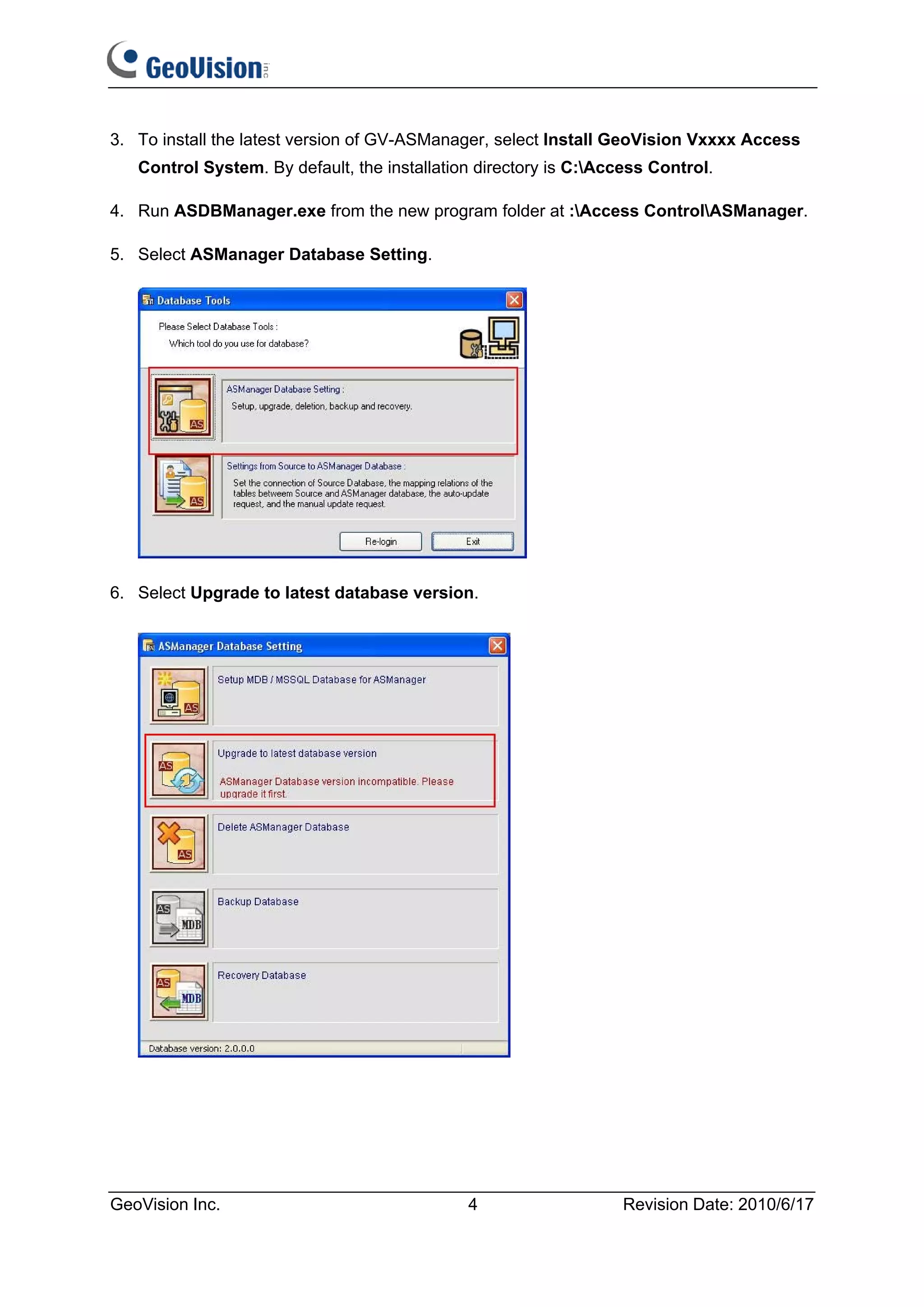 GeoVision : Access Control Solutions : How to : Upgrading AS Manager | PDF