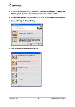 GeoVision : Access Control Solutions : How to : Upgrading AS Manager | PDF