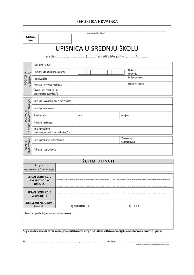 Upisnica u srednju školu | PDF