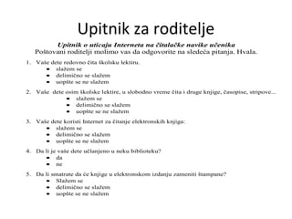 Upitnik o uticaju interneta na čitalačke navike učenika | PPT