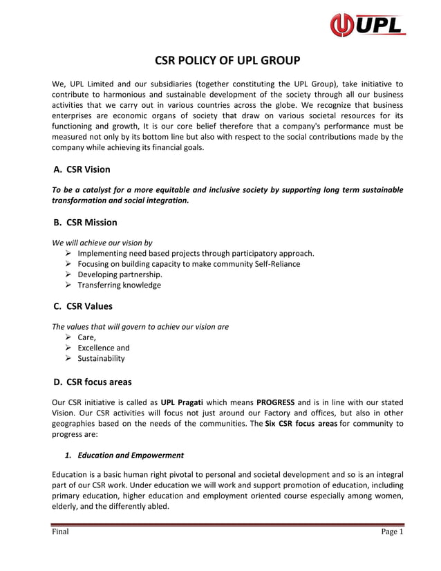 CSR POLICY OF UPL GROUP | PDF | Agriculture | Industries