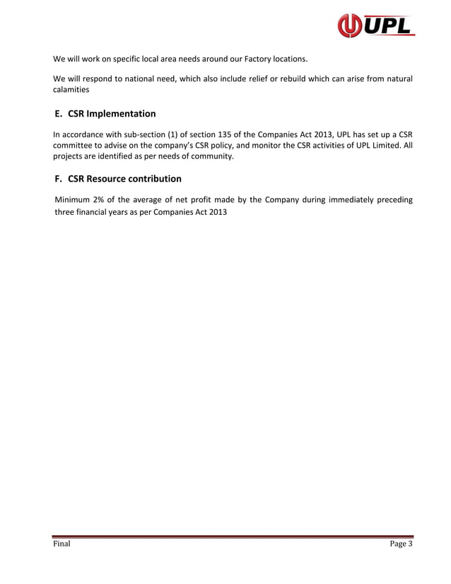 CSR POLICY OF UPL GROUP | PDF | Agriculture | Industries