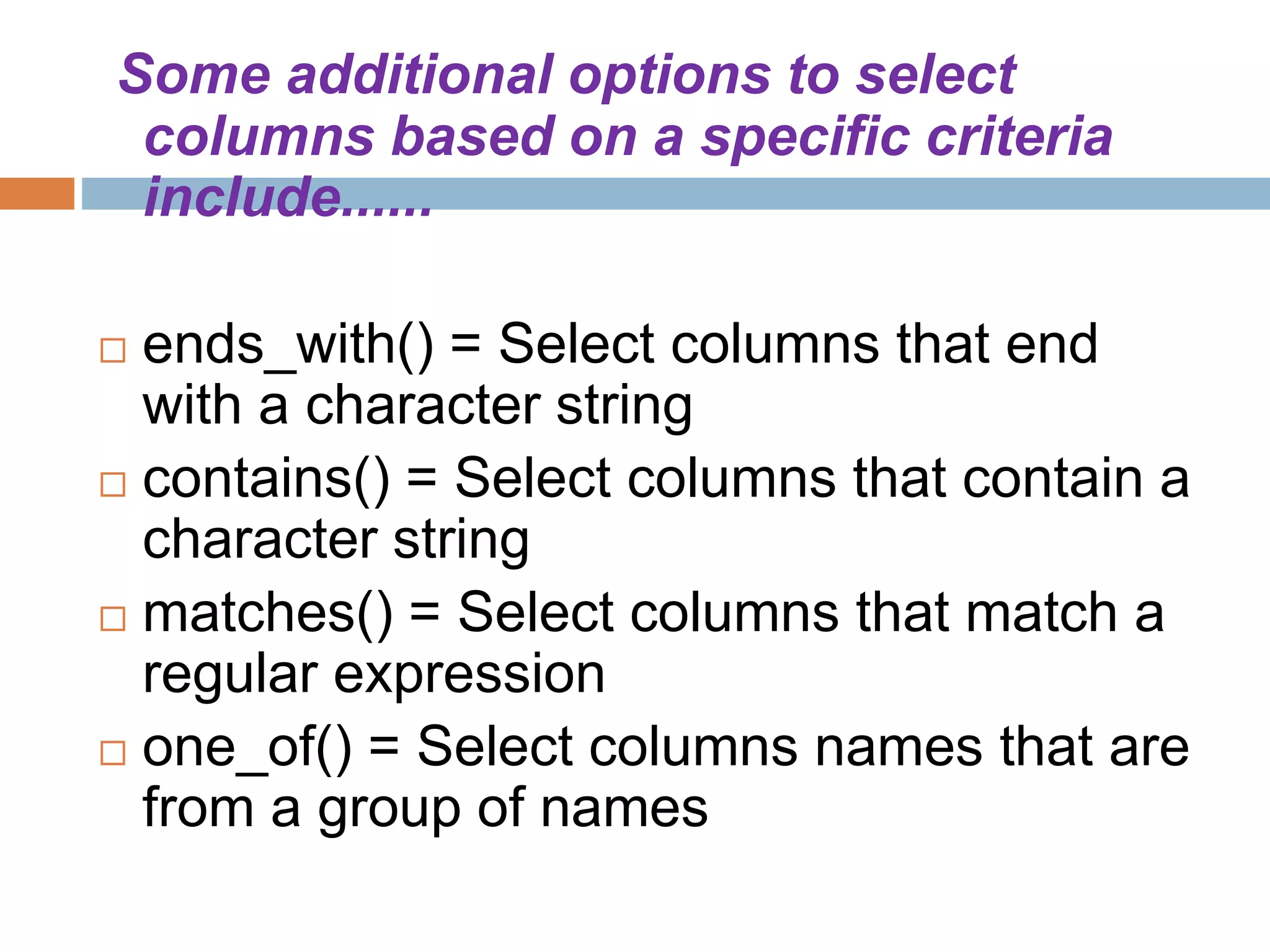 DPLYR package in R | PPTX | Programming Languages | Computing