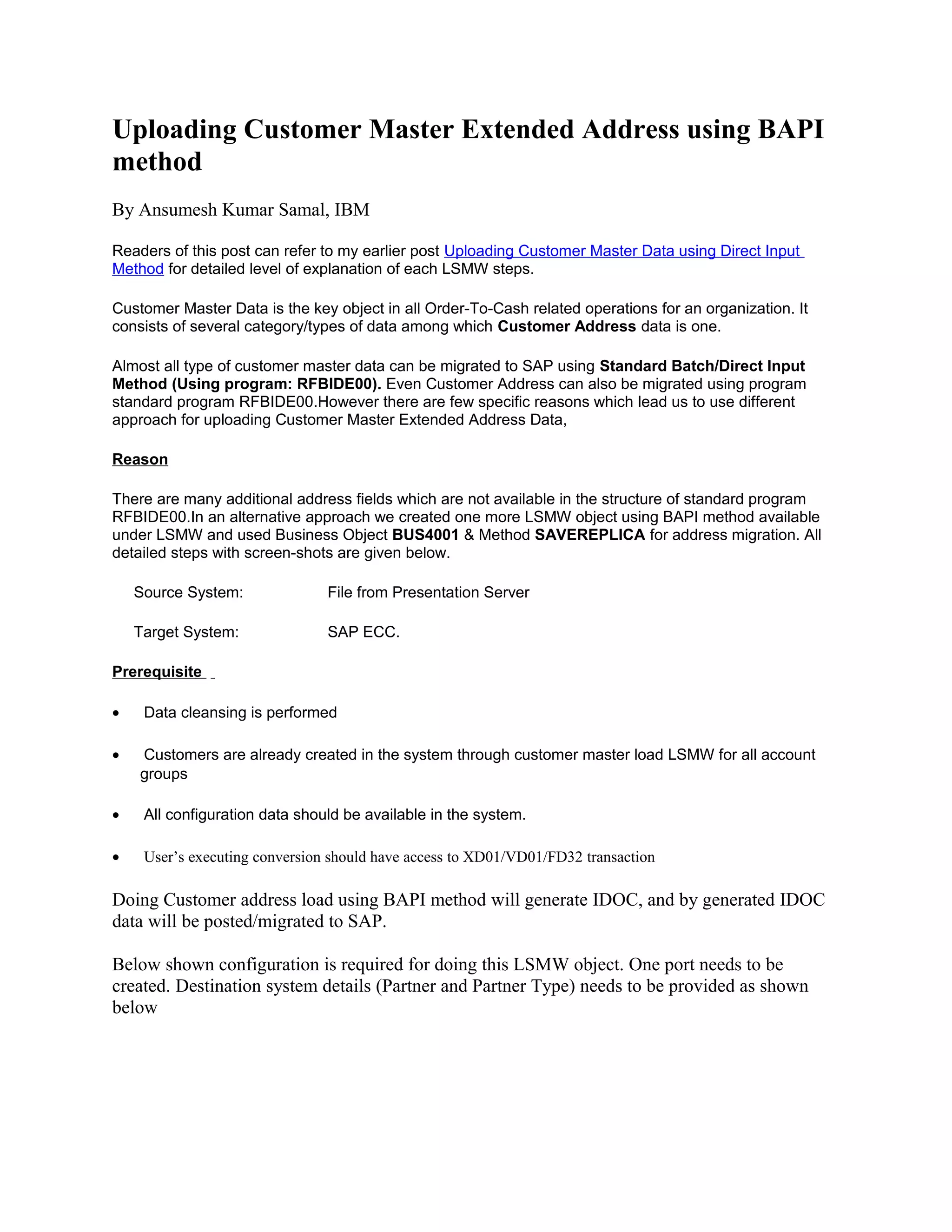 Uploading customer master extended address using bapi method | DOC