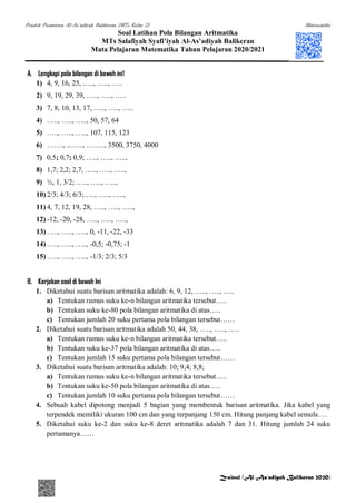 Soal latihan pola bilangan Pondok Pesantren Al-As'adiyah Balikeran | PDF