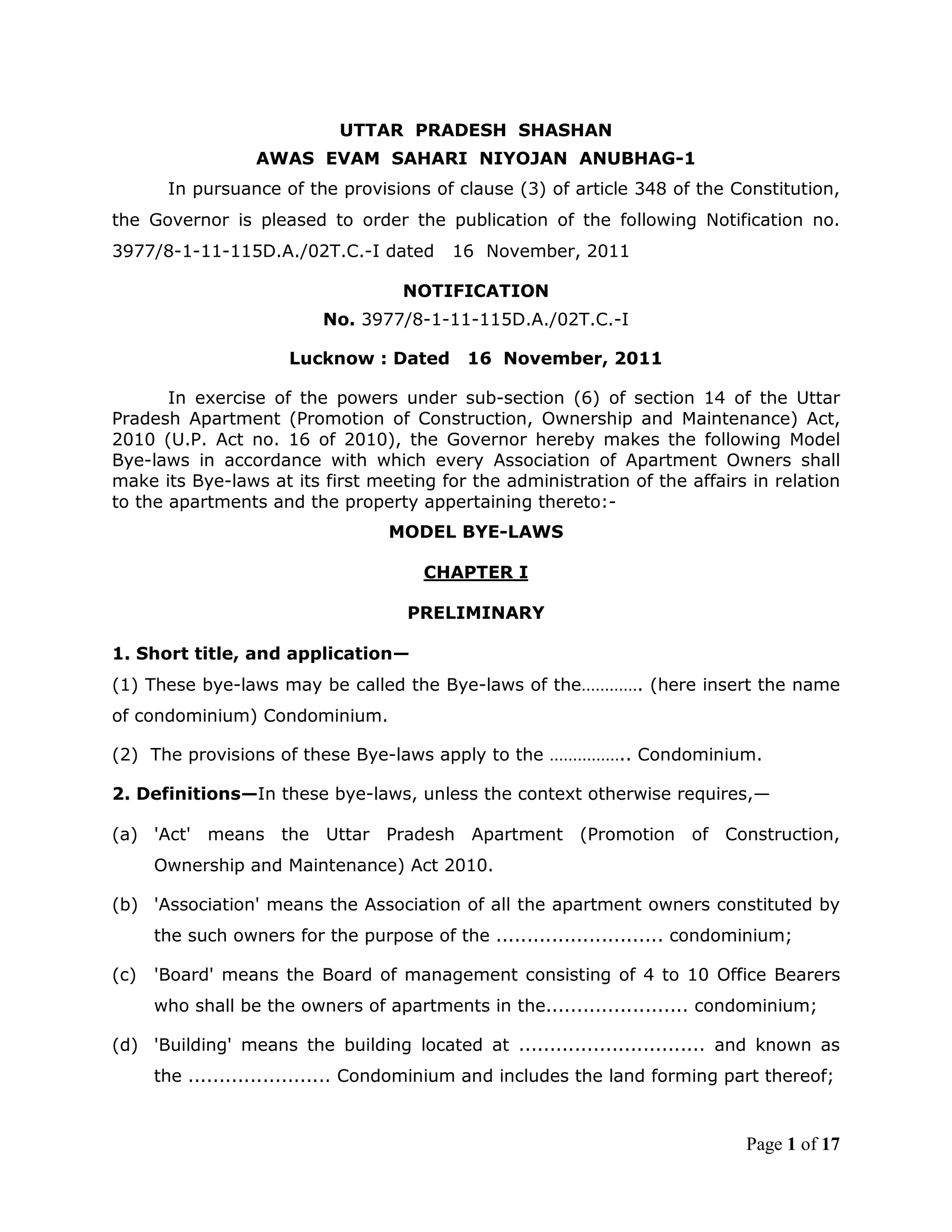 Model Bye-Laws for Uttar Pradesh Apartment Owners Assocations | PDF