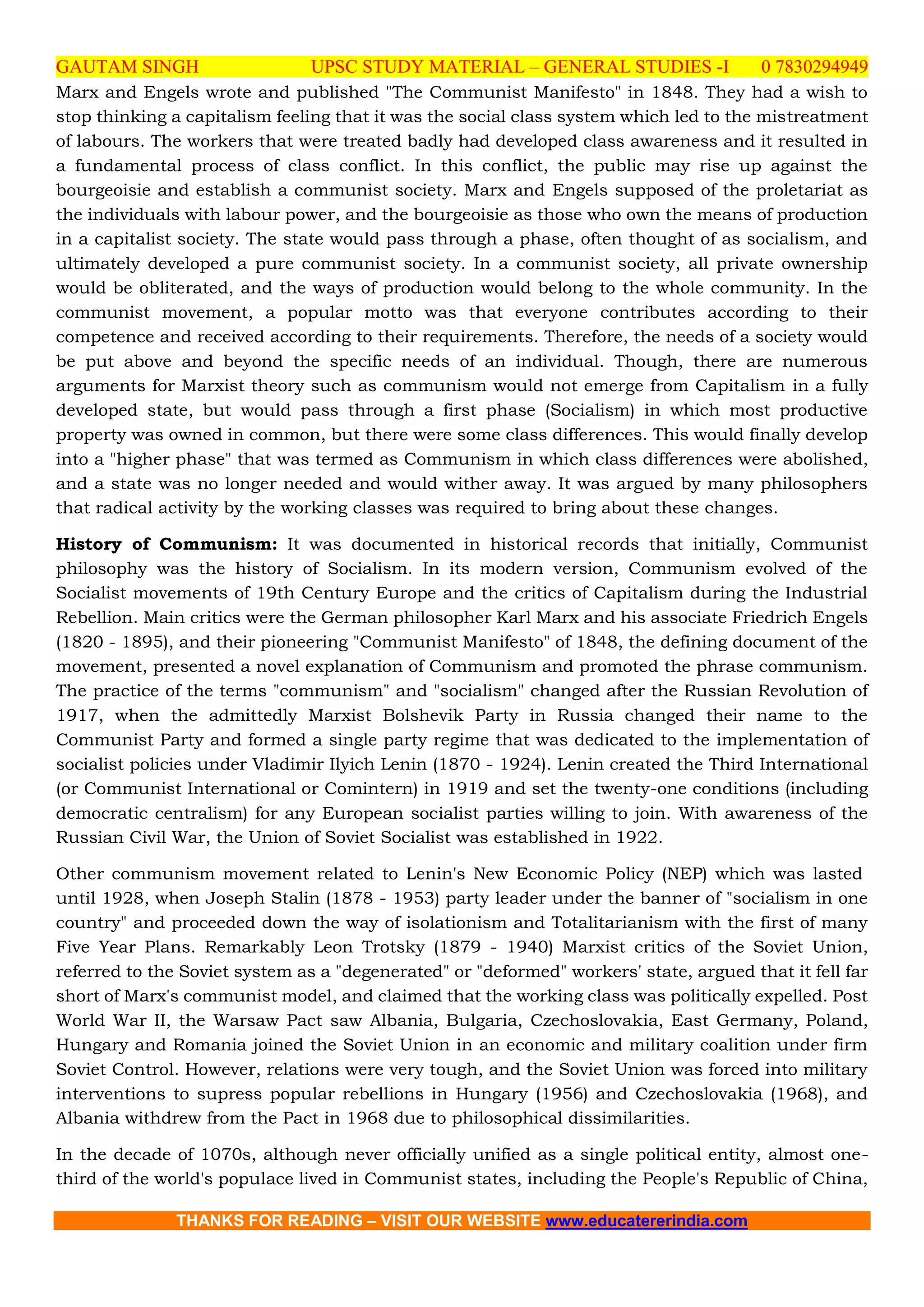 Upsc political philosophies like communism, capitalism, socialism etc ...