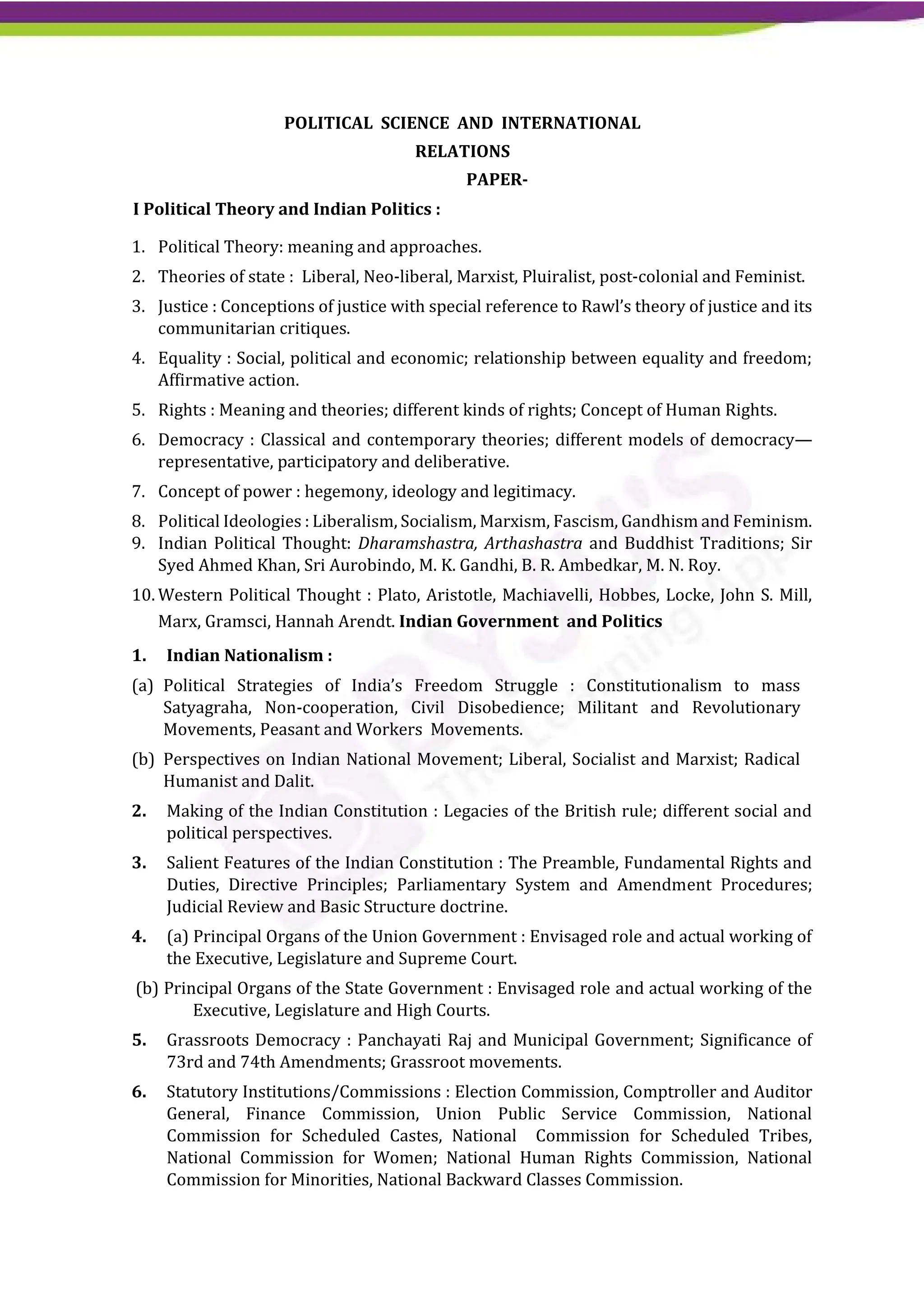 Political science syllabus of UPSC exams. | PDF