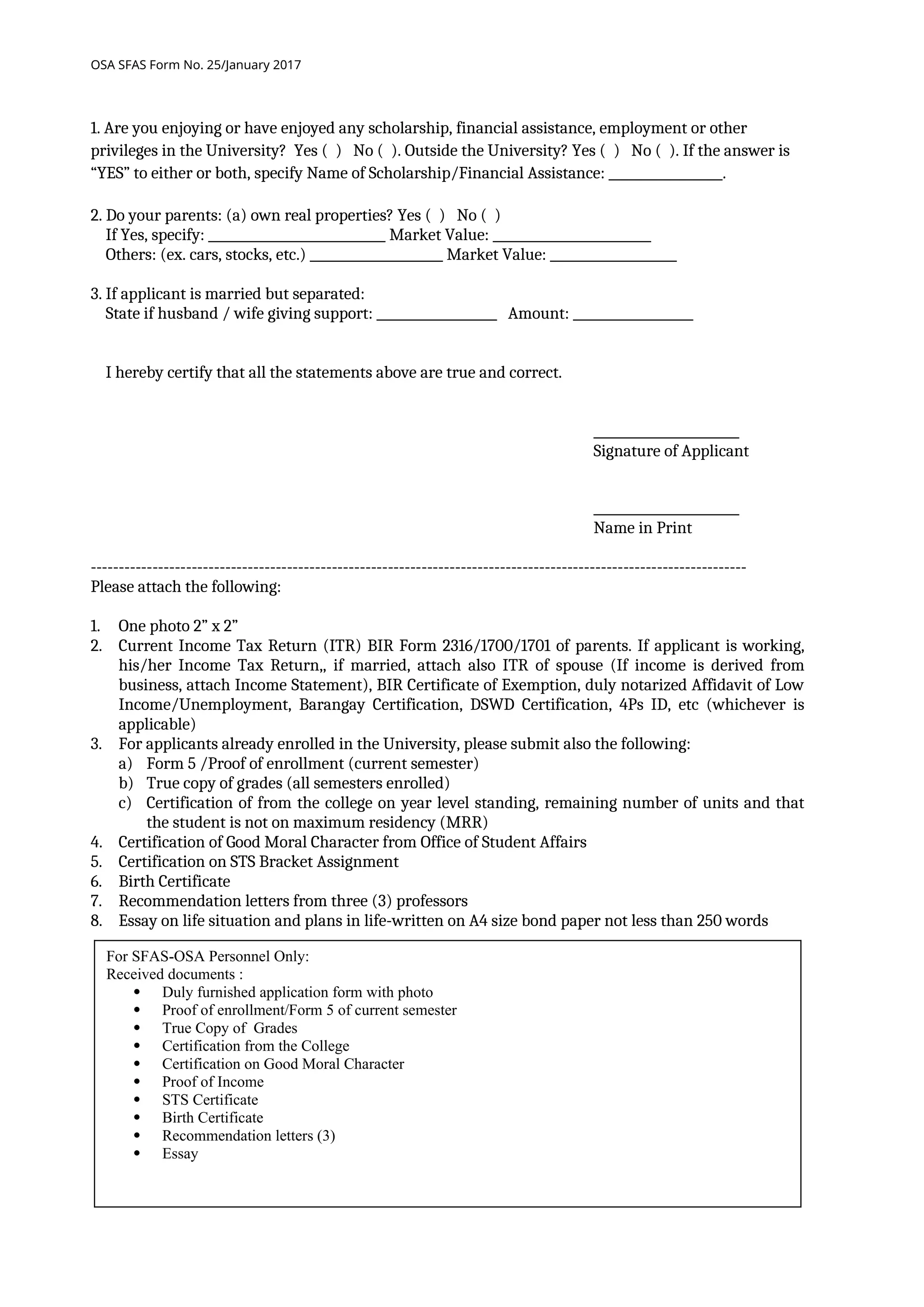 UP Scholarship Application Form to be downloaded | DOC