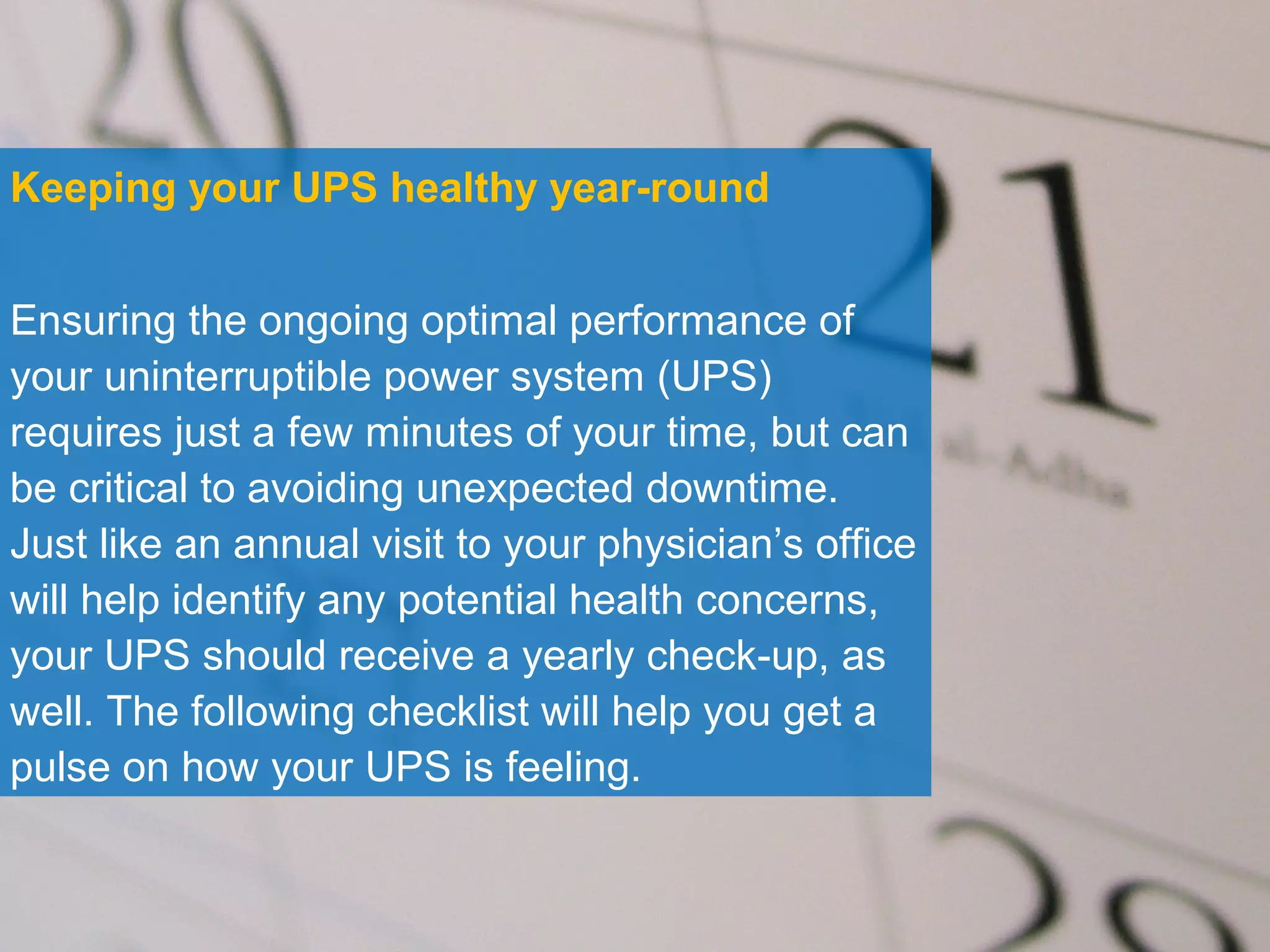 UPS battery backup health checklist | PPT | Business | Business and Finance