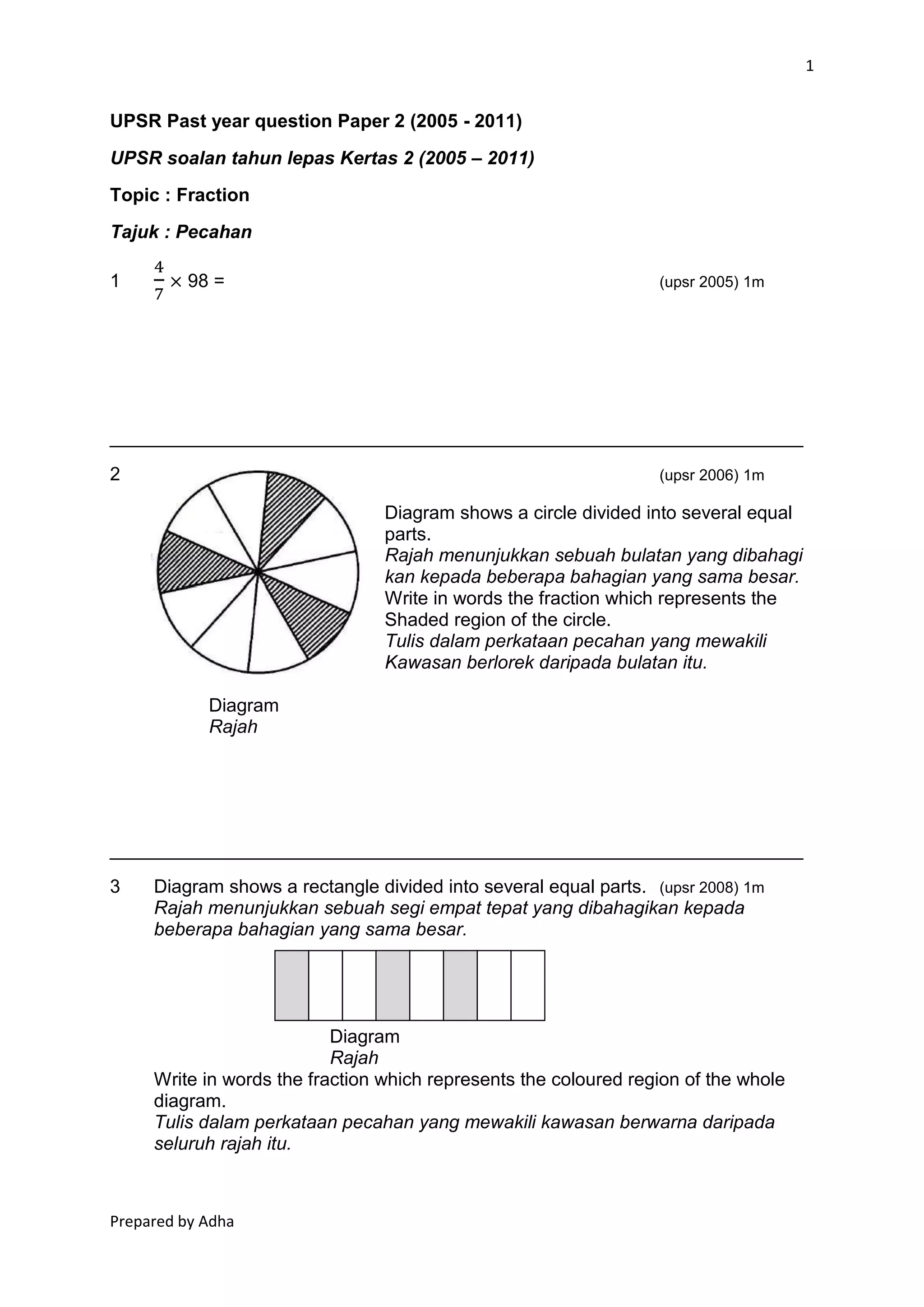 Upsr past year question paper 2 fraction | DOCX