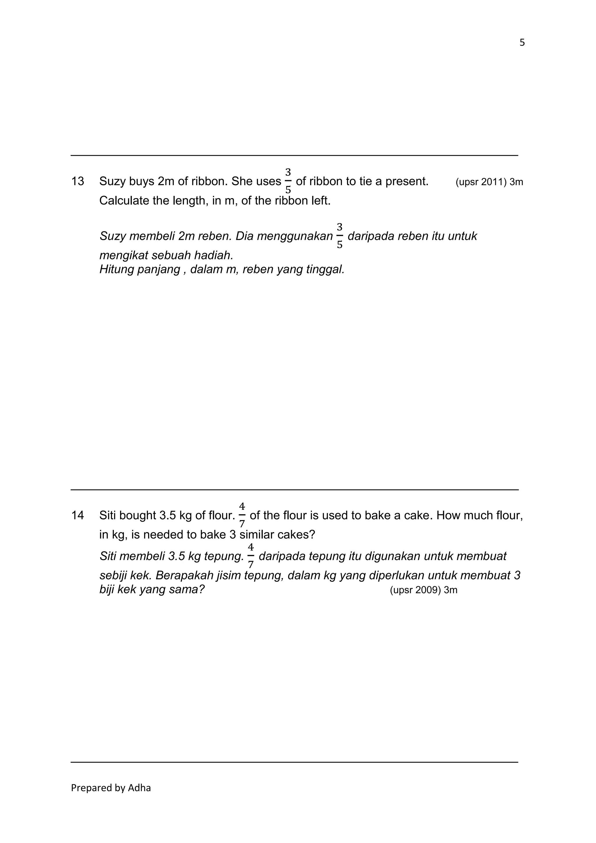 Upsr past year question paper 2 fraction | DOCX