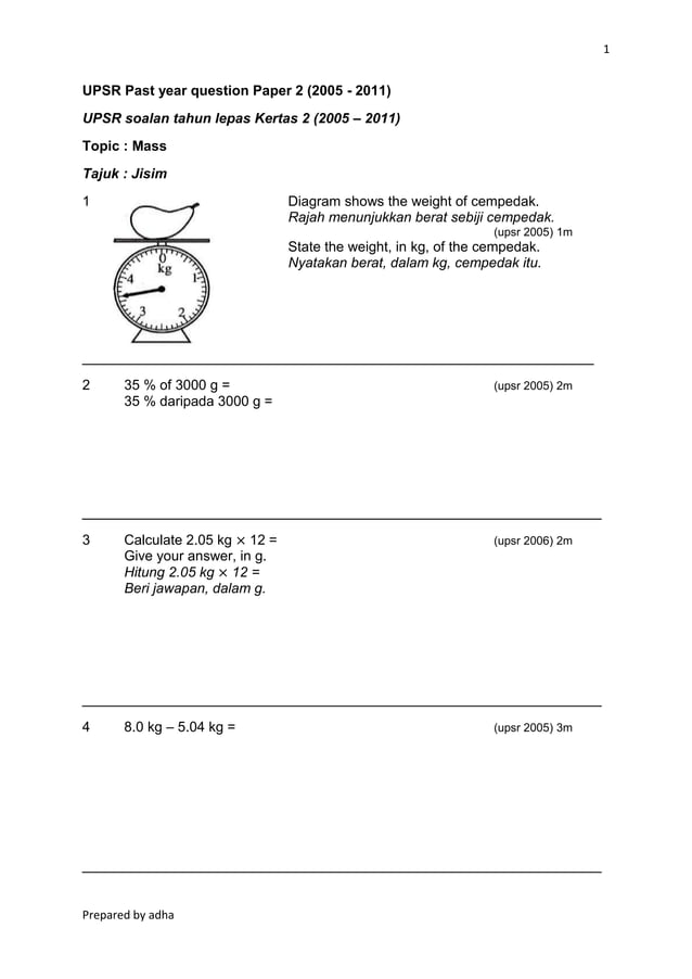 Upsr past year question paper 2 mass | DOCX