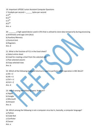 UPSSSC Junior Assistant Computer Question (Previous Year Paper MCQ) | PDF