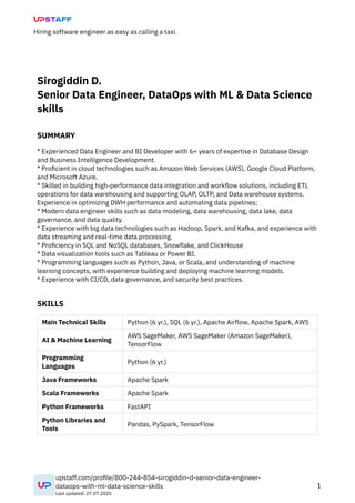 Sirogiddin D. Senior Data Engineer, DataOps with ML & Data Science skills | PDF