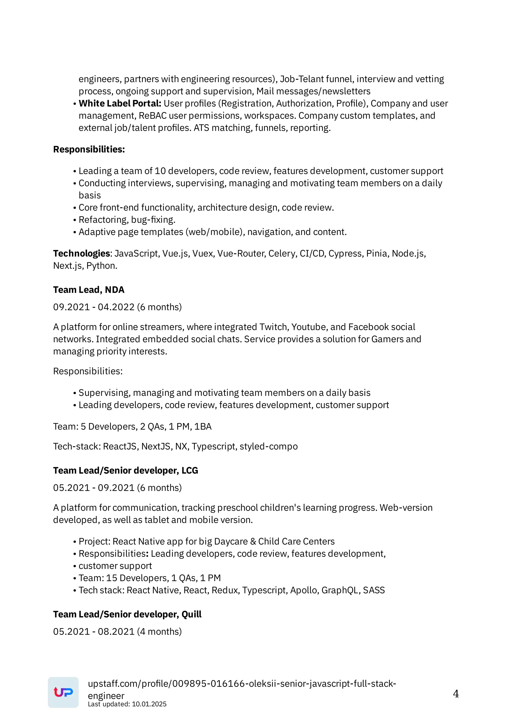 Senior JavaScript Full Stack Engineer from Upstaff | PDF