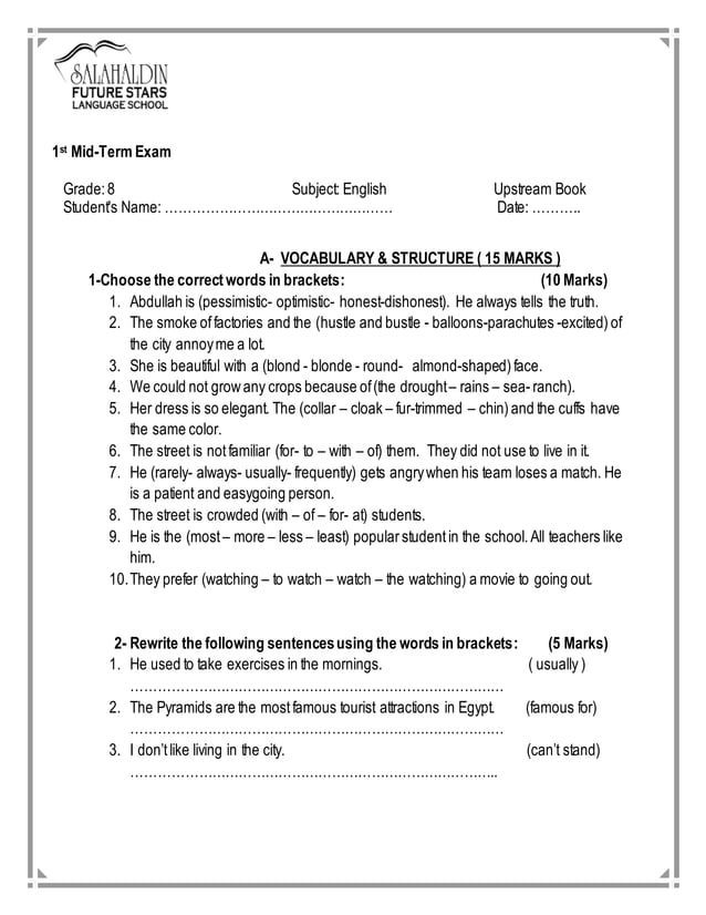 Upstream B2 Mid-Term Exam 1 | DOCX