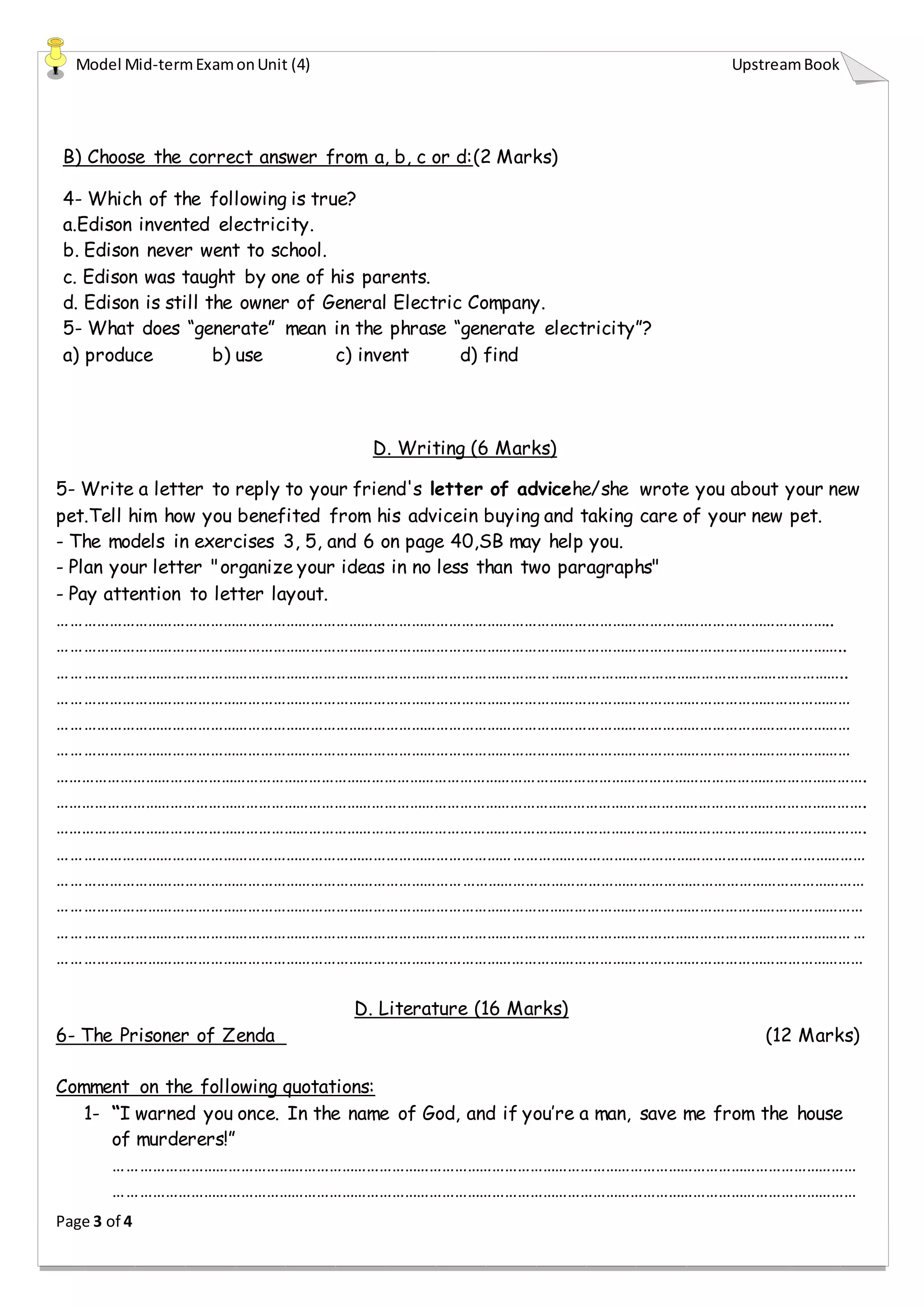 Upstream A2 Unit (4) Worksheet | DOCX