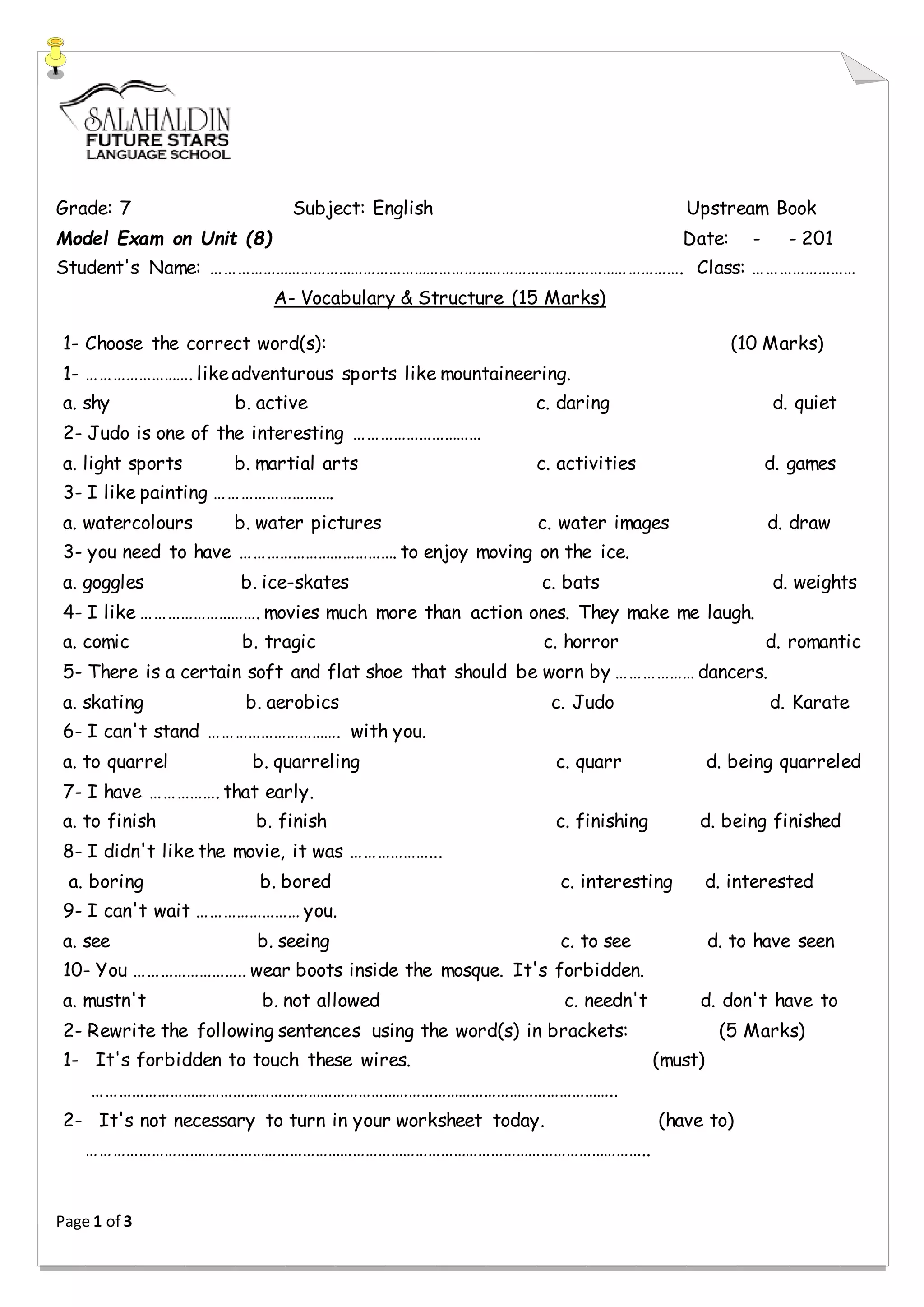 Upstream A2 Unit 8 Worksheet | DOCX