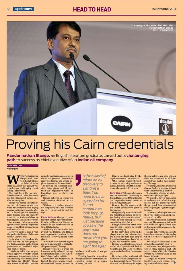 Cairn India | News Article: Upstream - Mr Elango P | PDF