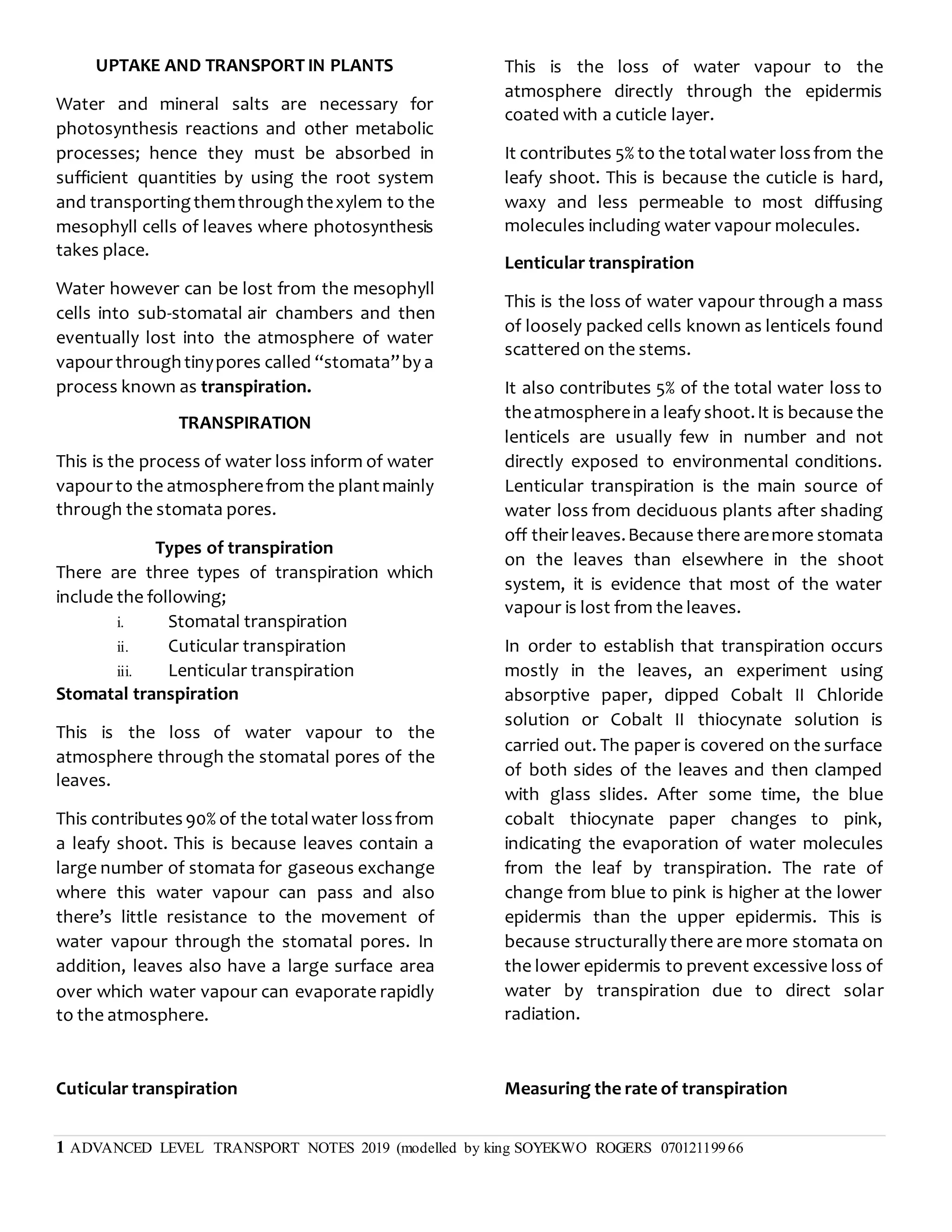 UPTAKE AND TRANSPORT IN ORGANISMS-ADVANCED LEVEL | DOCX