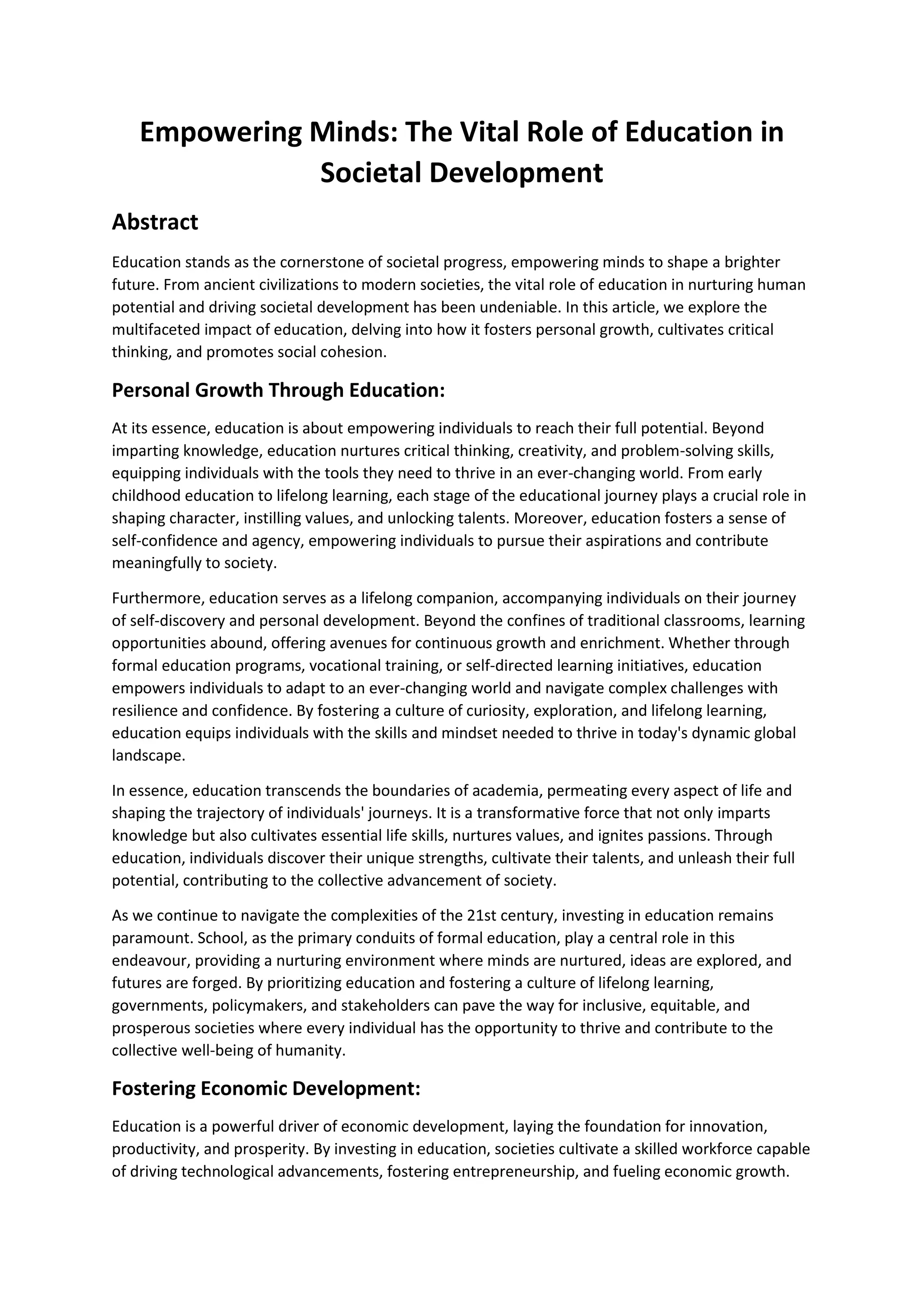 Empowering Minds: The Vital Role of Education in Societal Development | PDF