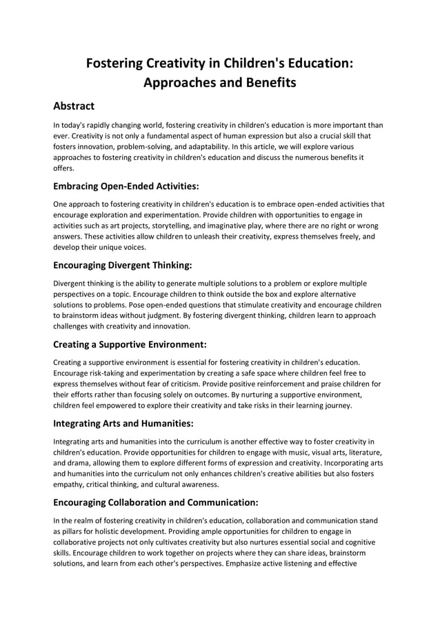 Fostering Creativity in Children's Education: Approaches and Benefits | PDF