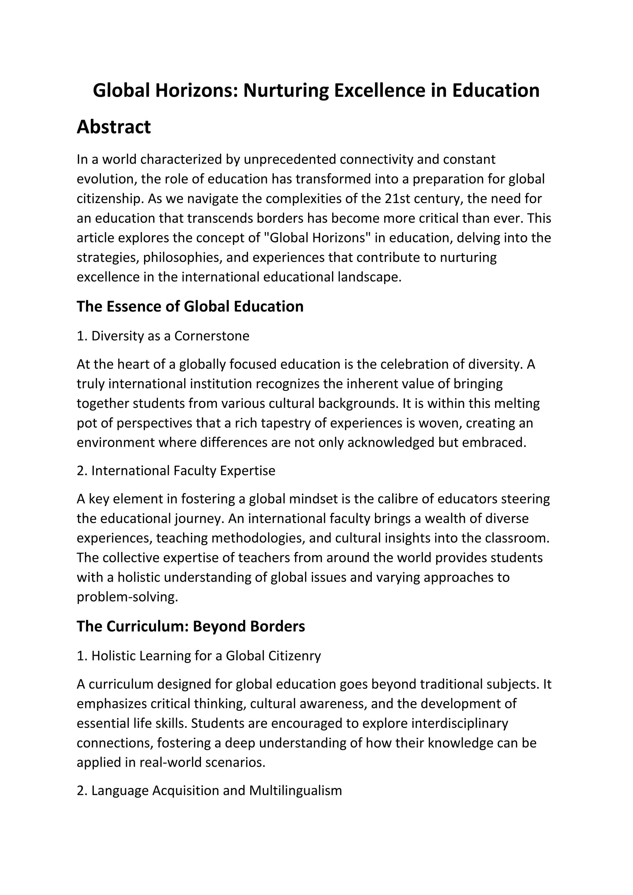 Global Horizons: Nurturing Excellence in Education | PDF