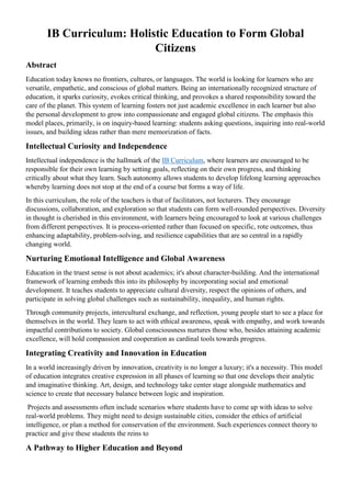 IB Curriculum: Holistic Education to Form Global Citizens | PDF