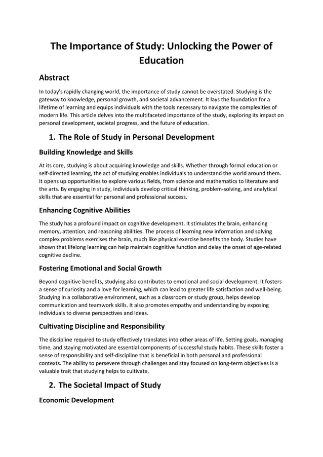 The Importance of Study: Unlocking the Power of Education | PDF