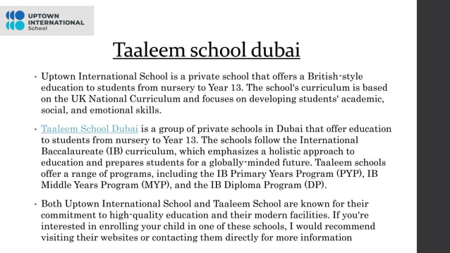 Taleem School Dubai | PPTX | Professional School | Postgraduate Education