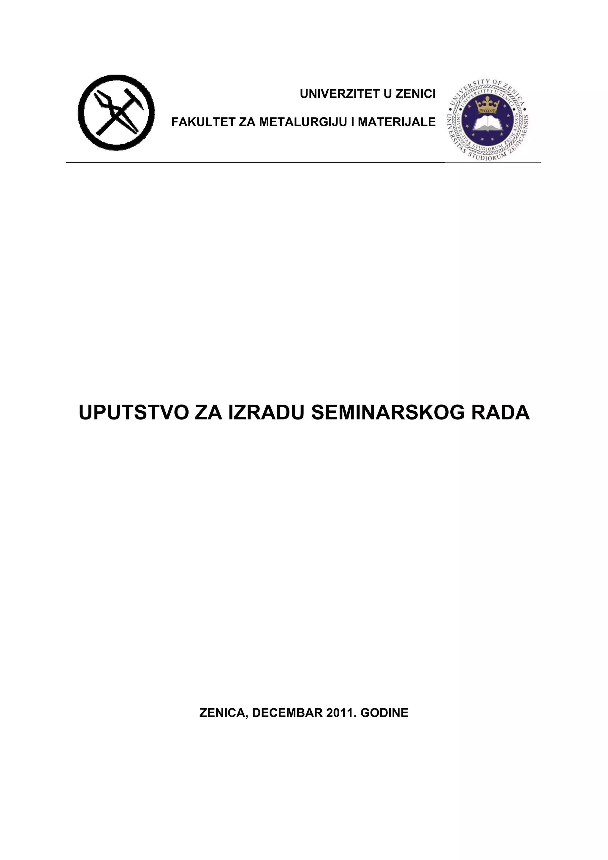 Uputstvo za seminarski rad - Metalurško-tehnološki fakultet, Univerzitet u Zenici | PDF