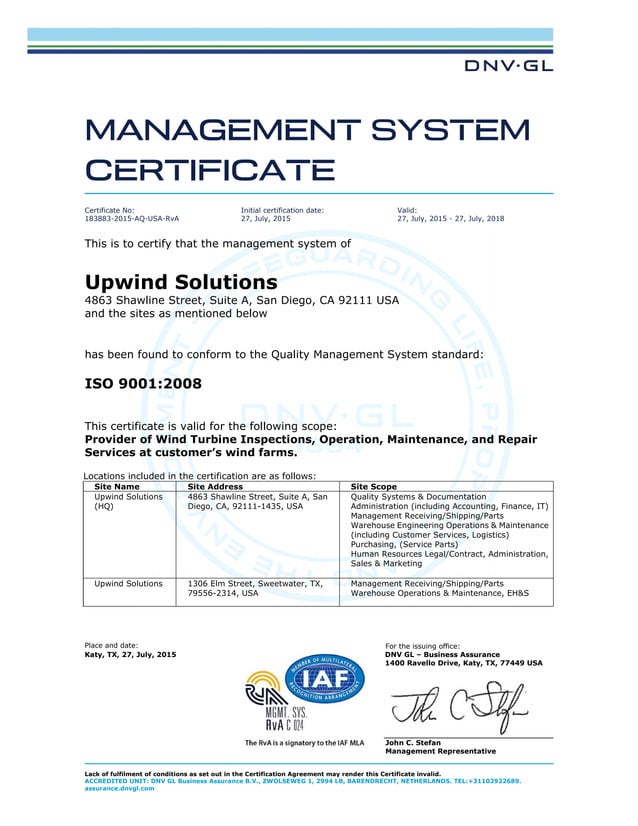 UpWind Solutions DNV GL ISO 9001:2008 Certification | PDF