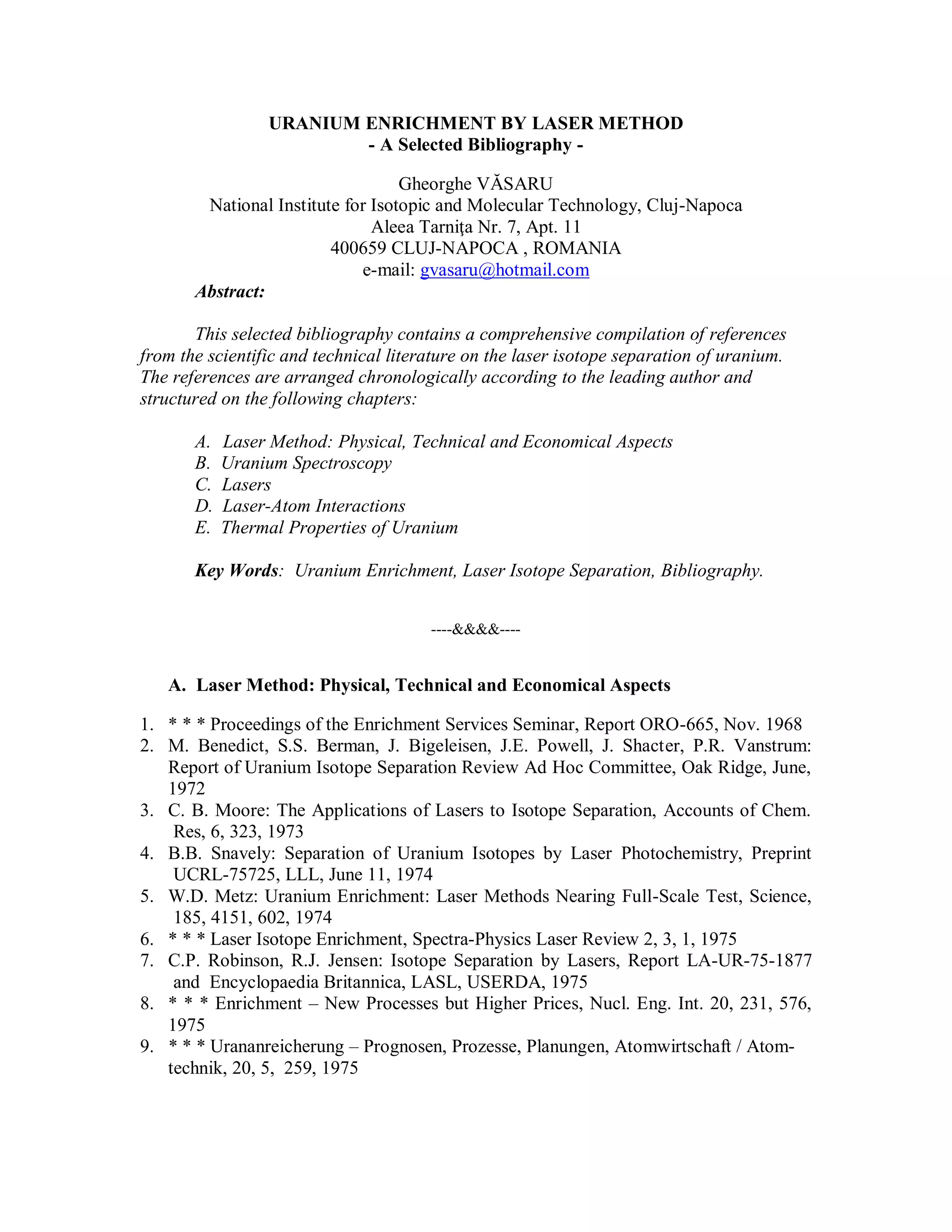Uranium enrichment by laser method a selected bibliography | PDF