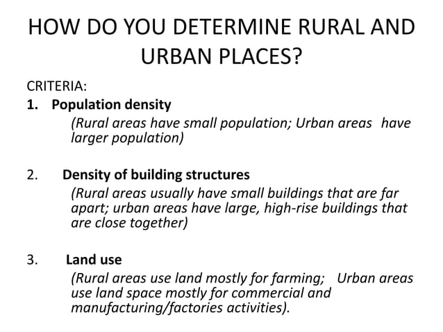 Urban and rural areas | PPTX | Land and Farms | Real Estate