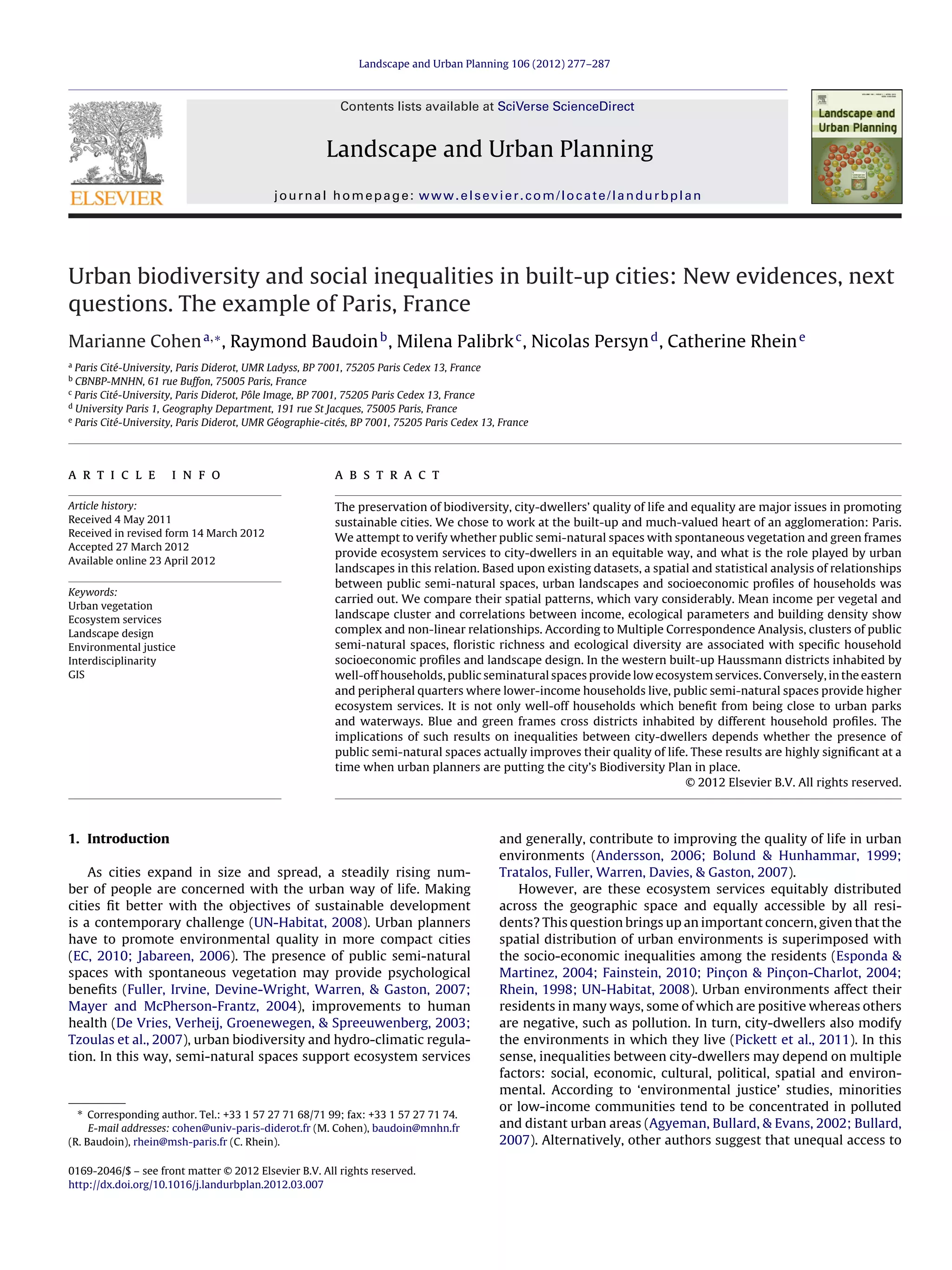 Urban biodiversity and social inequalities in built up cities new ...
