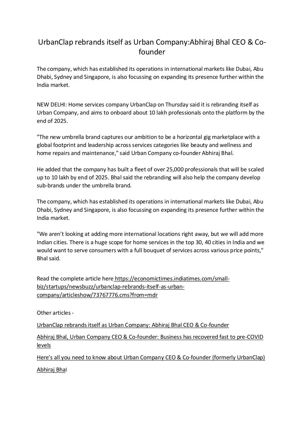 Urban clap rebrands itself as urban company abhiraj bhal ceo and co ... Urban clap rebrands itself as urban company abhiraj bhal ceo and co ...